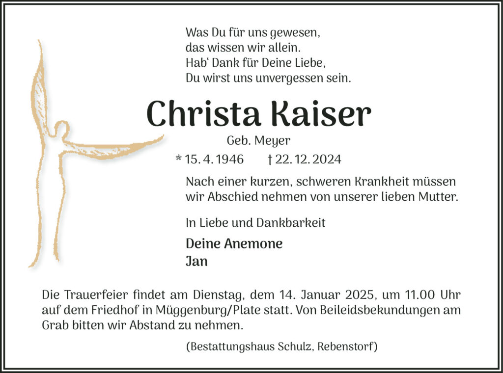 Das Trauerportal für Lüchow-Dannenberg › Todesanzeigen › Christa Kaiser