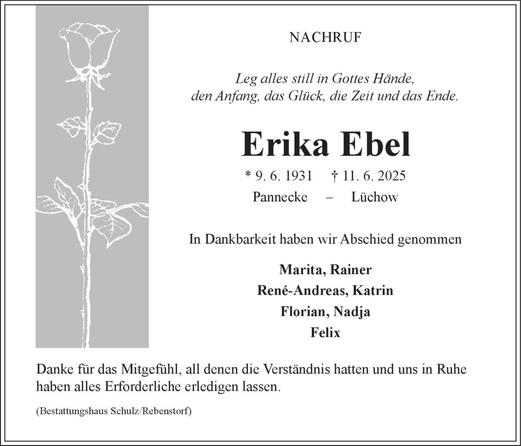 Das Trauerportal für Lüchow-Dannenberg › Todesanzeigen › Erika Ebel