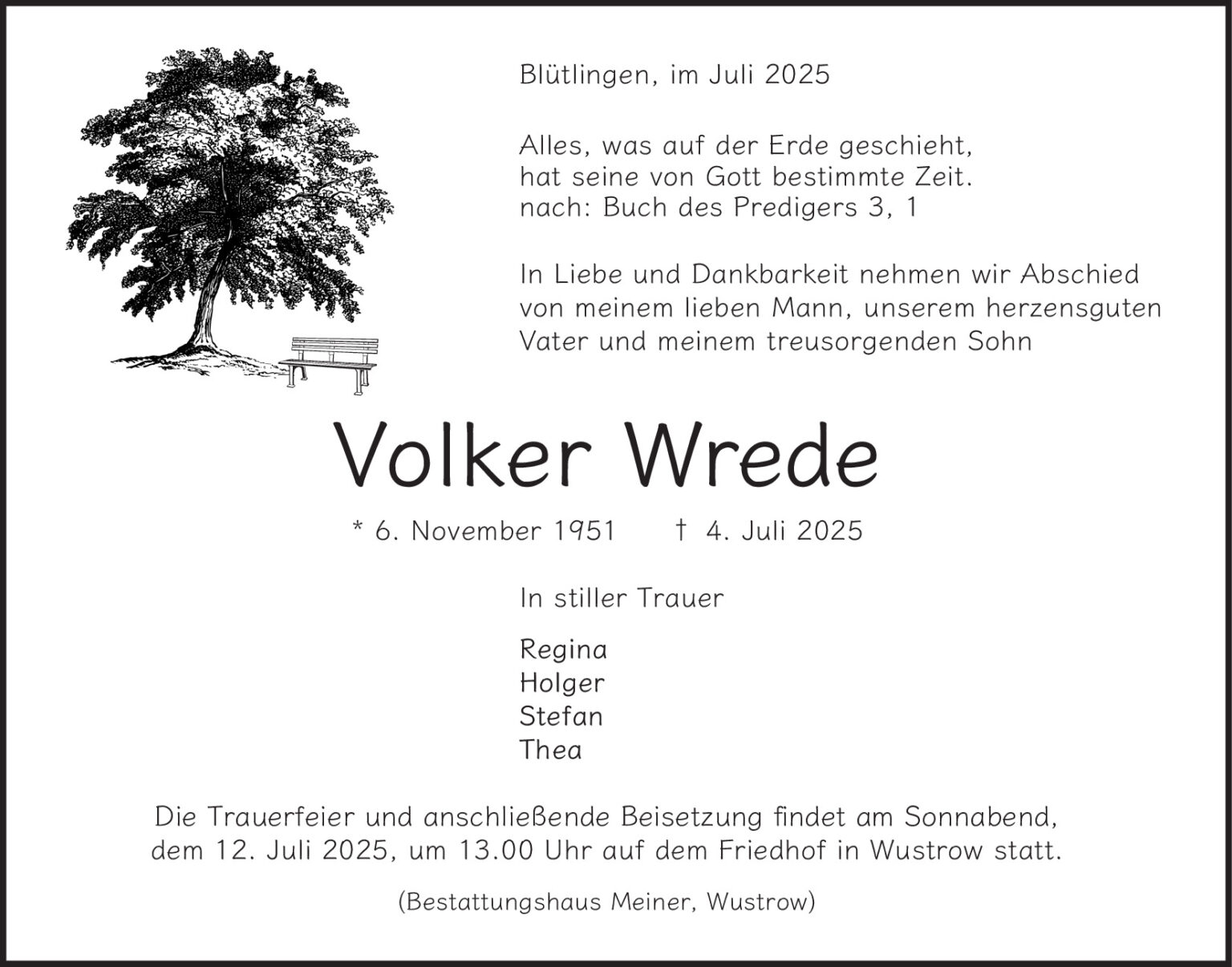 Das Trauerportal für Lüchow-Dannenberg › Todesanzeigen › Volker Wrede