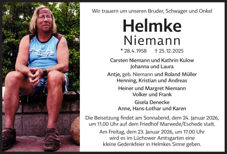 Das Trauerportal für Lüchow-Dannenberg › Todesanzeigen › Helmke Niemann